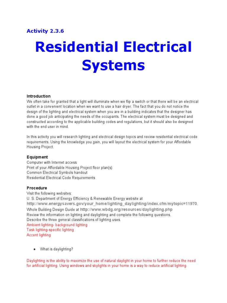 Residential Electrical Systems: Activity 2.3.6 | PDF | Lighting ...