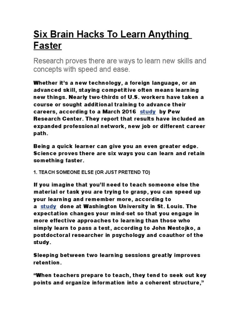 Six Brain Hacks To Learn Anything Faster | Download Free PDF | Sleep ...