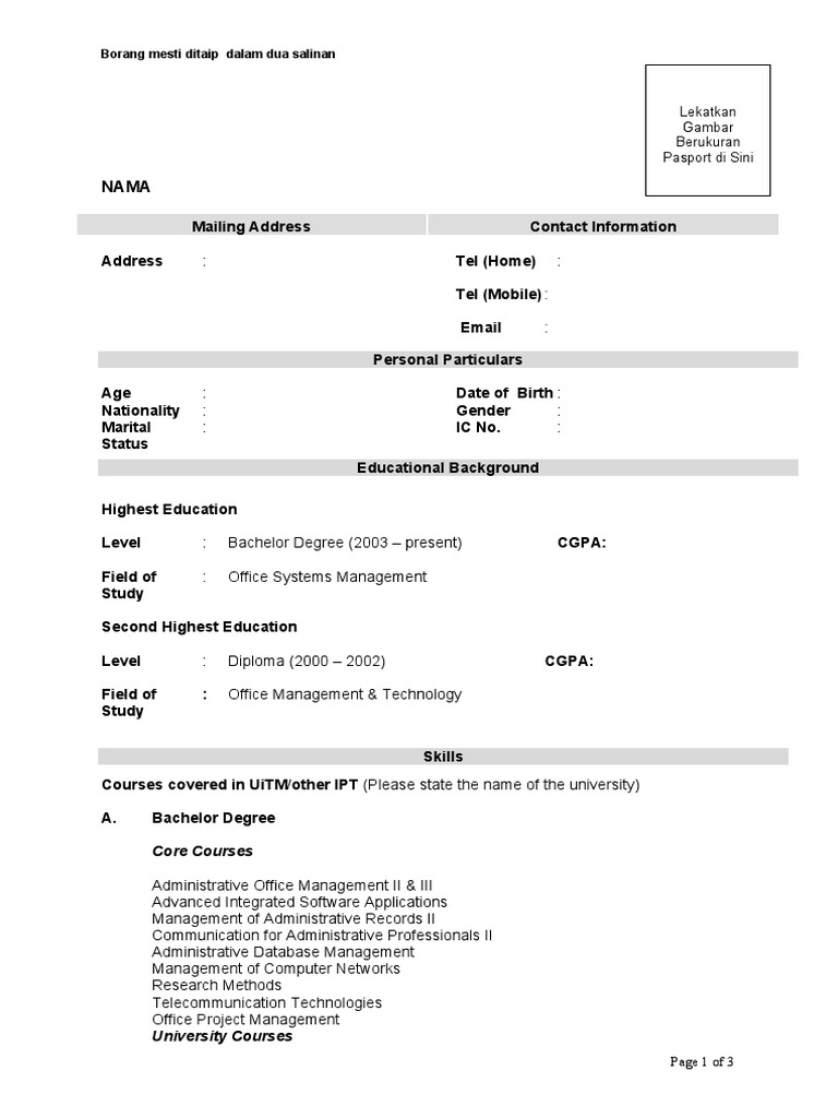 Borang Resume | PDF | Communication | Computing