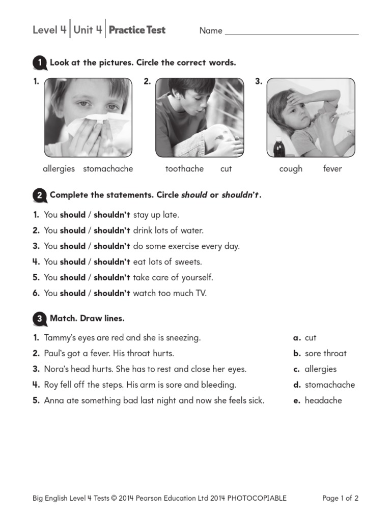 Level 4 Unit 4 Practice Test: Big English Level 4 Tests © 2014 Pearson ...