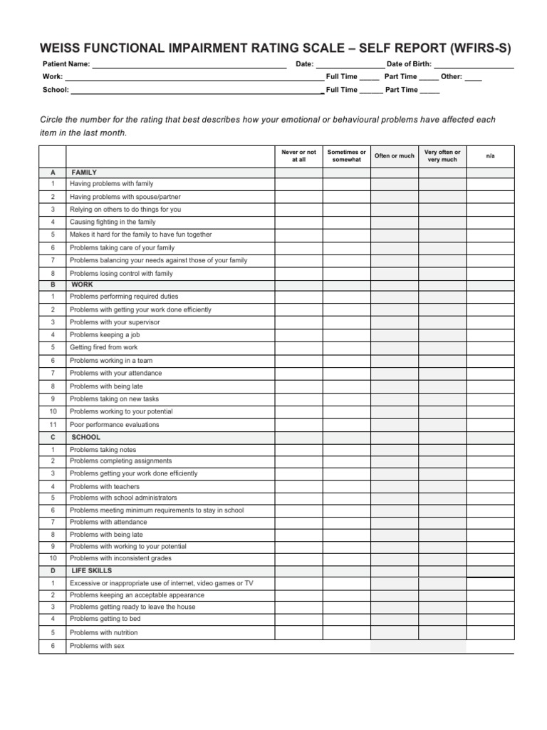 Weiss Functional Impairment Rating Scale - Self Report (Wfirs-S) | PDF ...