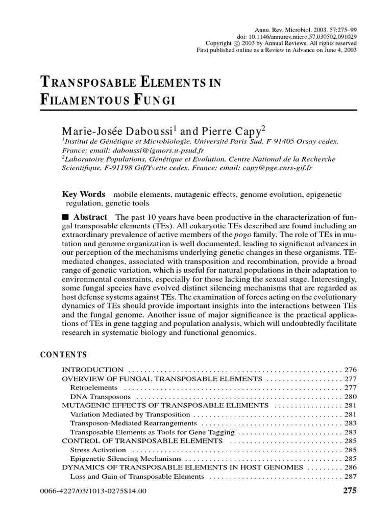 T E F F: Ransposable Lements in Ilamentous Ungi | PDF | Transposable Element | Genome