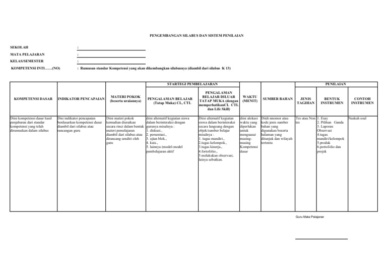 Form Pengembangan Silabus Sistem Penilaian Kosong | PDF