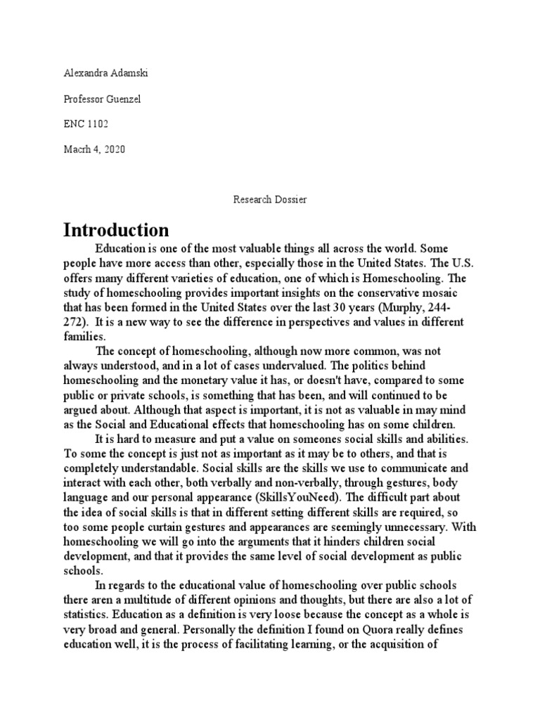 Research Dossier | PDF | Homeschooling | Reason