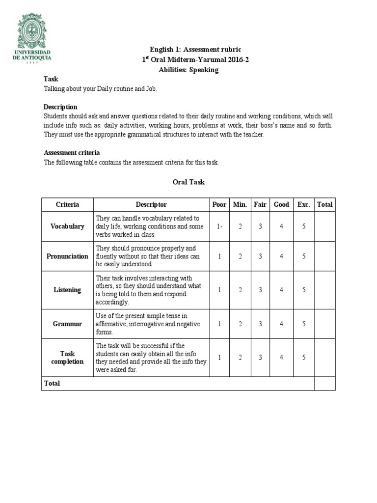 English 1 Oral Assessment Rubric - Yarumal20162 | PDF | Language Arts ...