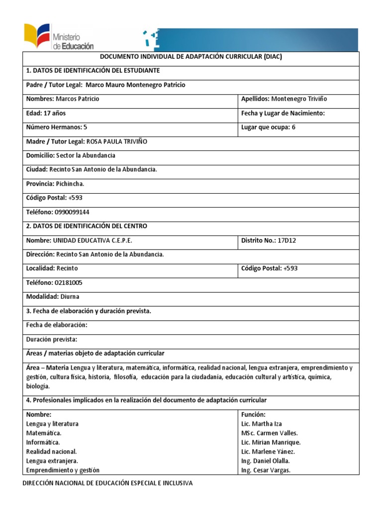 DIAC - Ejemplo | PDF | Educación especial | Evaluación