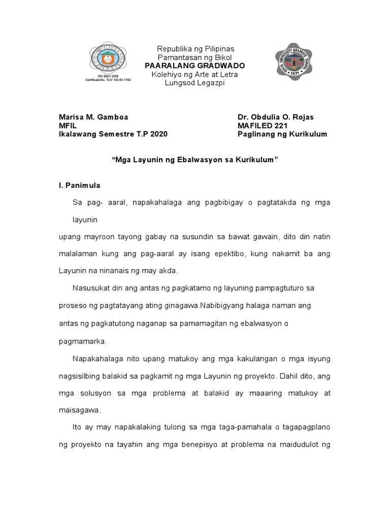 Mga Layuning Ebalwasyon Sa Kurikulum | PDF