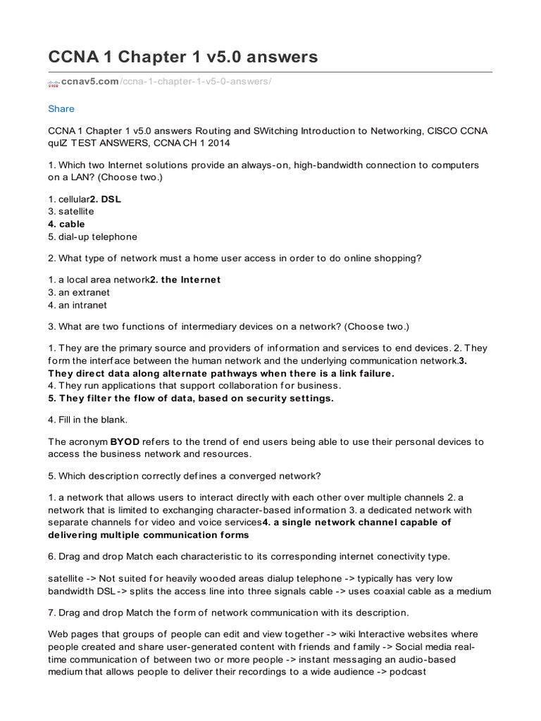 ccna 1 Chapter 1 v5 0 Answers | PDF | Internet Access | Computer Network