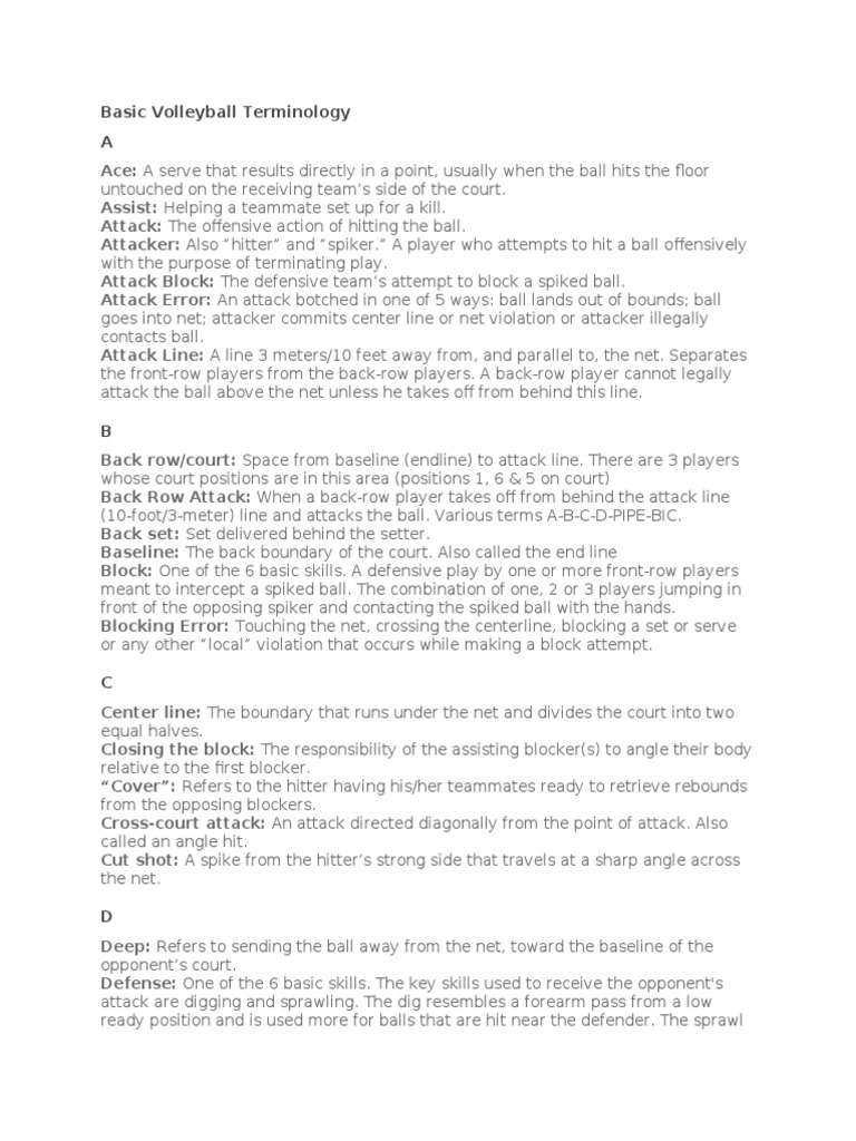 Terminologies in Volleyball | PDF | Volleyball | Ball Games