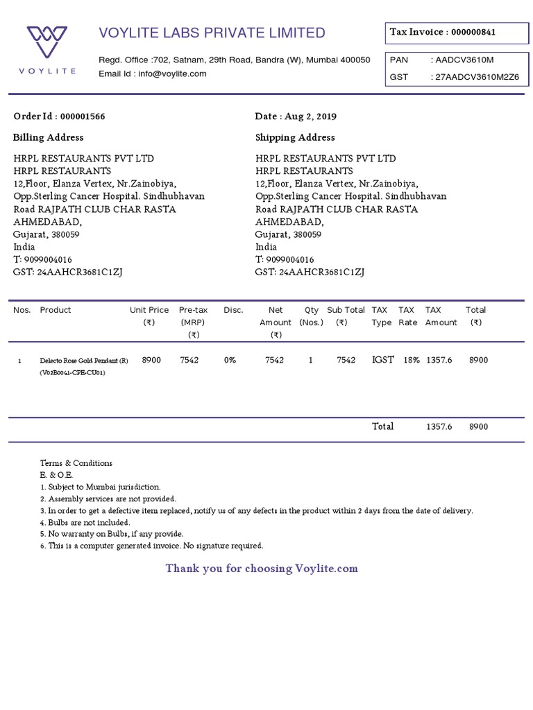 Tax Invoice for the Sale of a Rose Gold Pendant from Voylite Labs ...