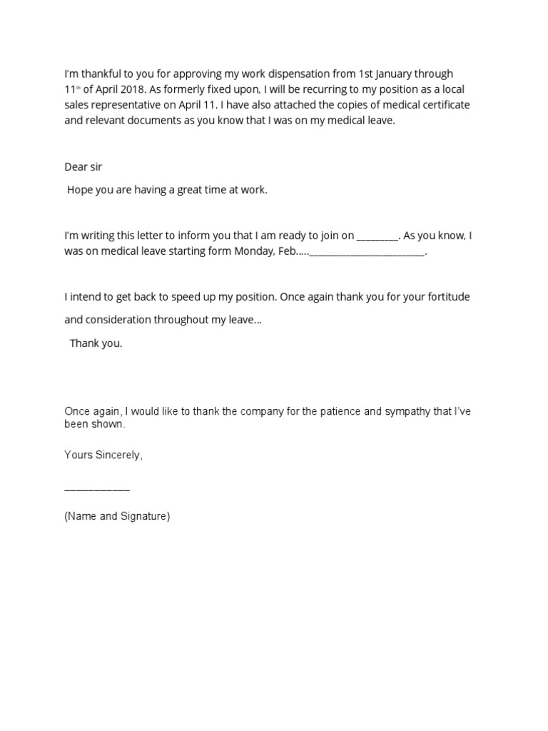 Medical Leave Return Notification Letter | PDF