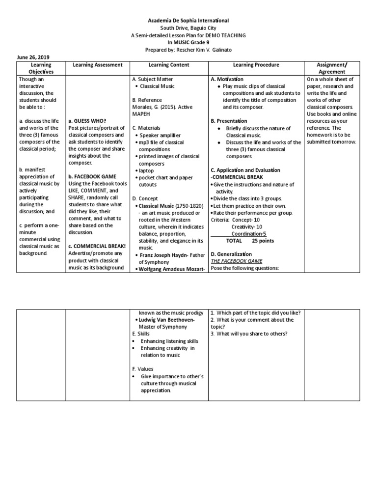 Classical Music Lesson Plan for Grade 9 | PDF | Composers | Lesson Plan