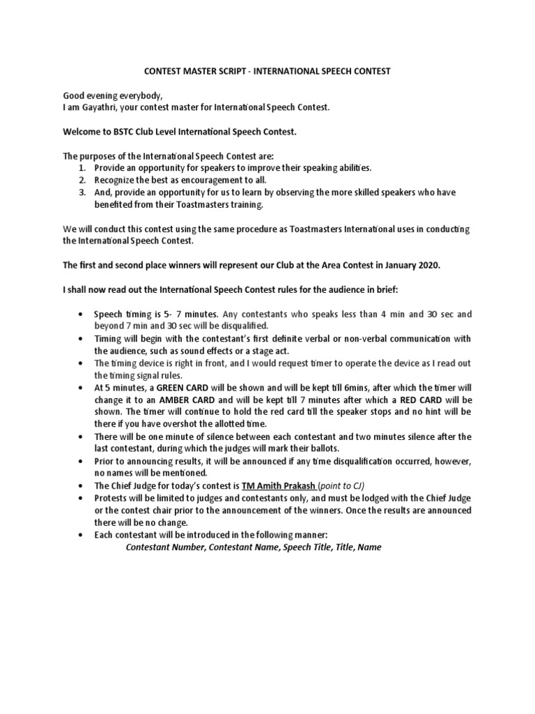 Contest Master Script for Speech Contest | PDF | Communication