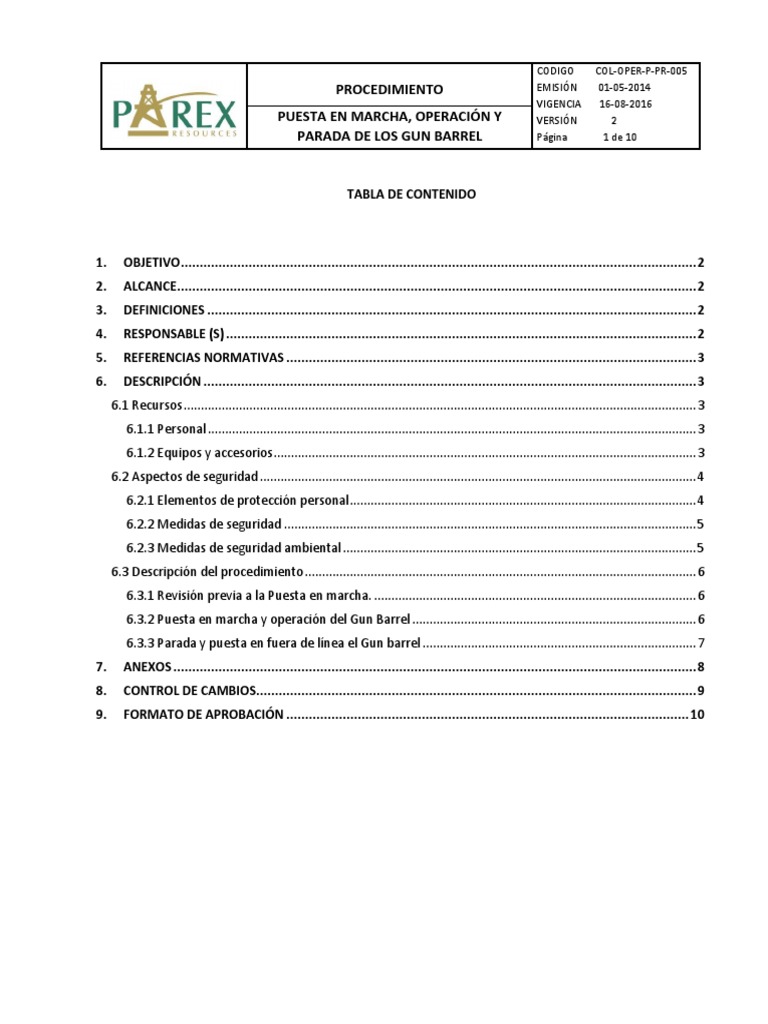 Col-Oper-P-Pr-005 Puesta en Marcha Operación y Parada Gun Barrel PDF | PDF | Tanques | Agua