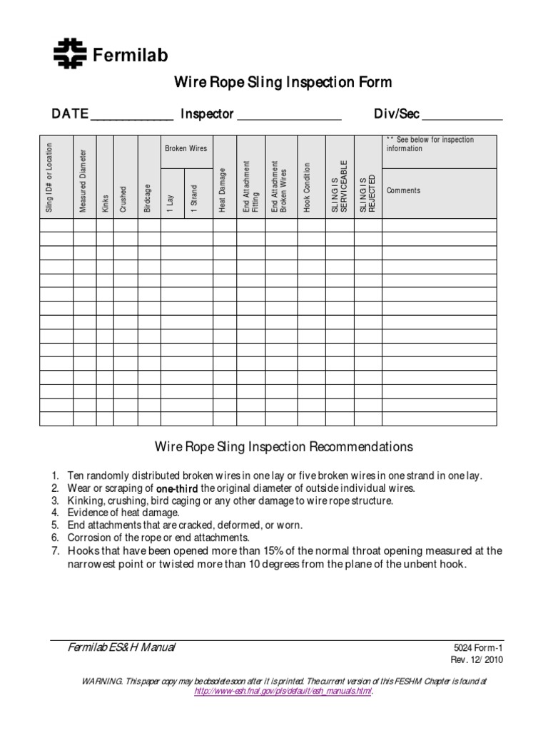5024 - Wire Rope Sling Inspection Form PDF | PDF | Building Engineering | Wire