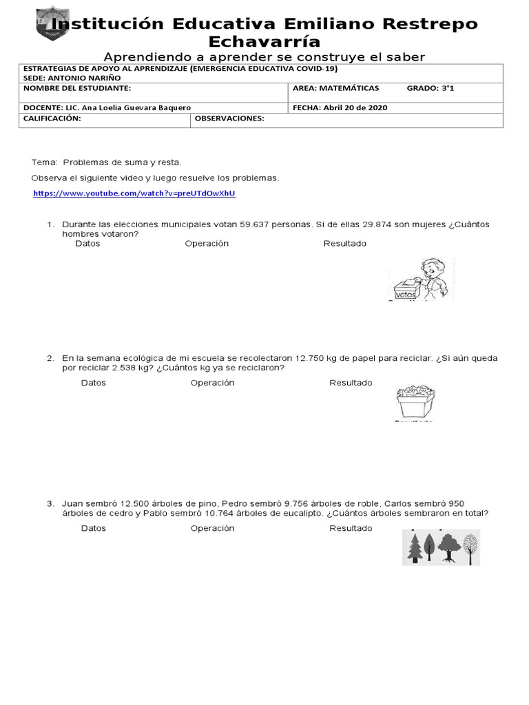 Problemas de Suma y Resta para 3° Grado | PDF