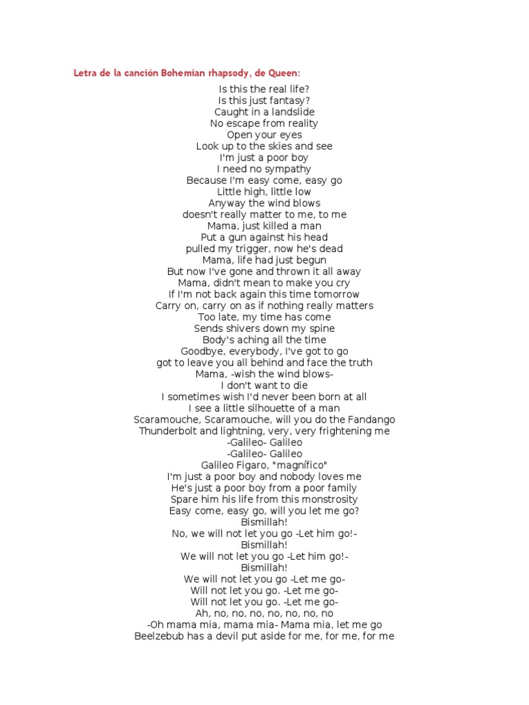 Letra de La Canción Bohemian Rhapsody | PDF