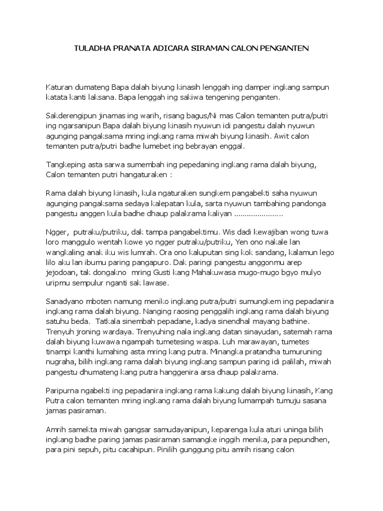 Tuladha Pranata Adicara Siraman Calon | PDF