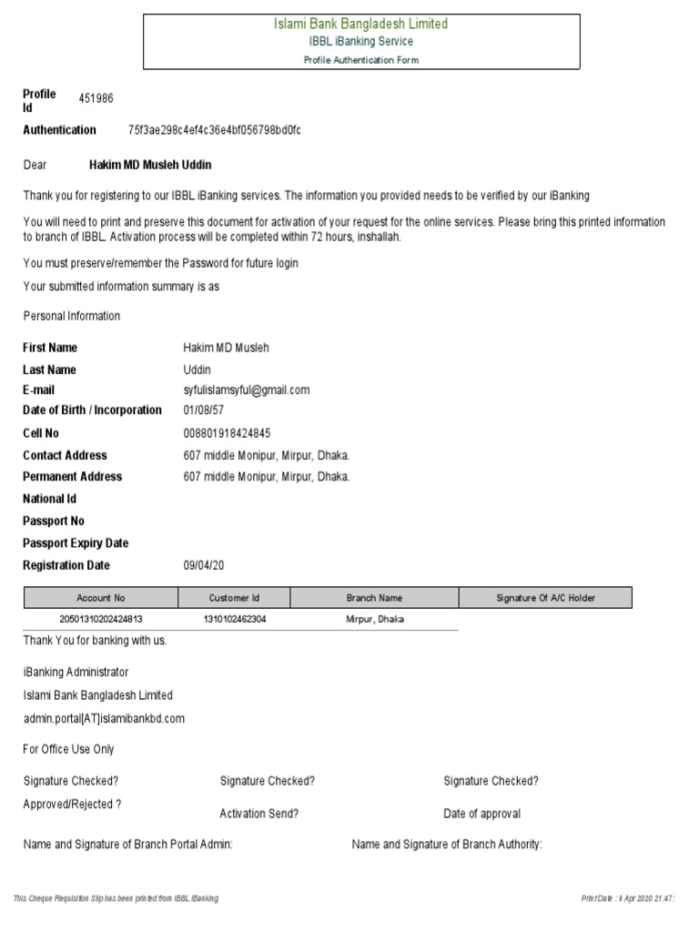 Profile Id Authentication Hakim MD Musleh Uddin: Ibbl Ibanking Service | PDF | Applications Of ...