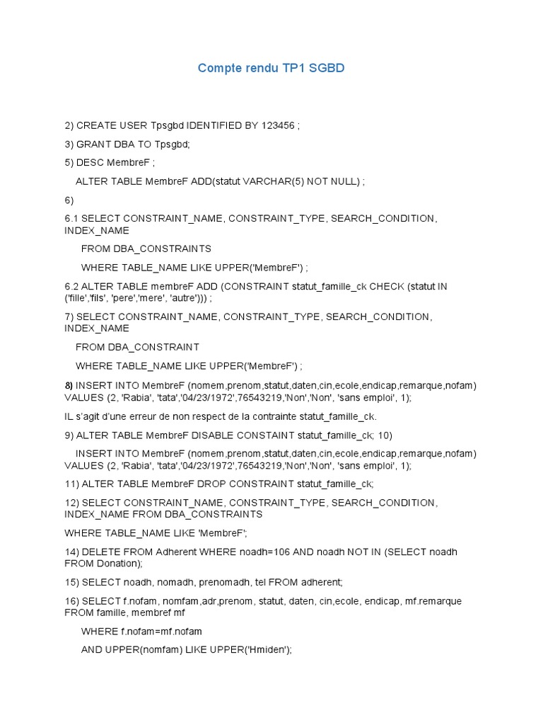 Compte Rendu TP1 SGBD | PDF