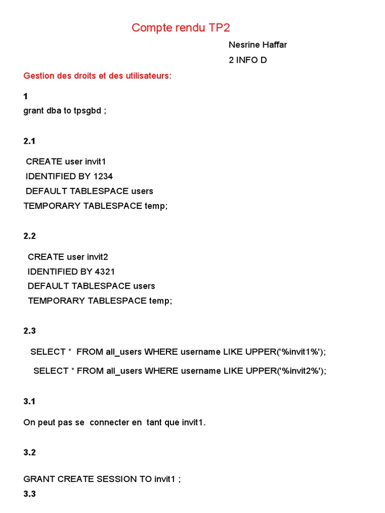 Compte Rendu TP2: Gestion Des Droits Et Des Utilisateurs | PDF | Information Technology ...