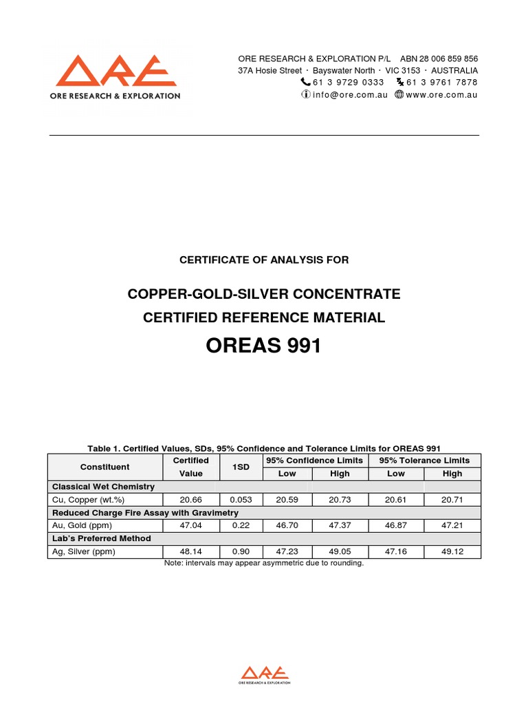 OREAS 991 Certificate | PDF | Outlier | Standard Deviation