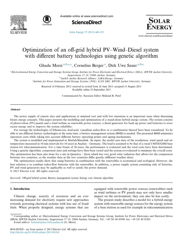 Optimization of An Off-Grid Hybrid PV-Wind-Diesel System With Different Battery Technologies ...