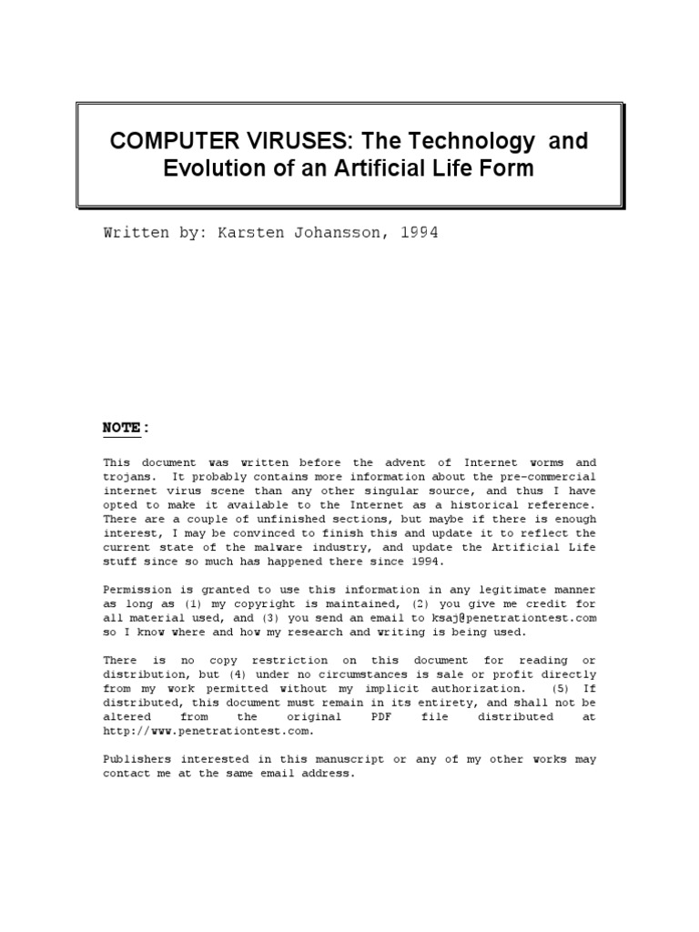 Computer Viruses The Technology and Evolution of An Artificial Life Form PDF | PDF | Computer ...