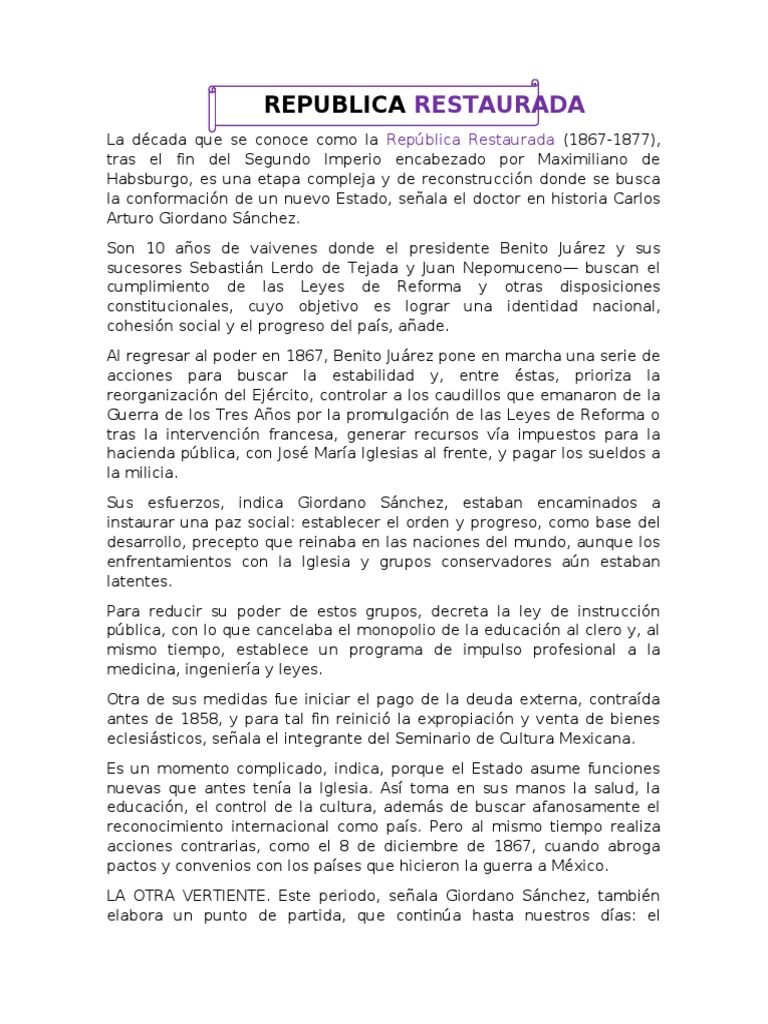 La República Restaurada en México (1867-1877) | PDF | Gobierno | Agitación