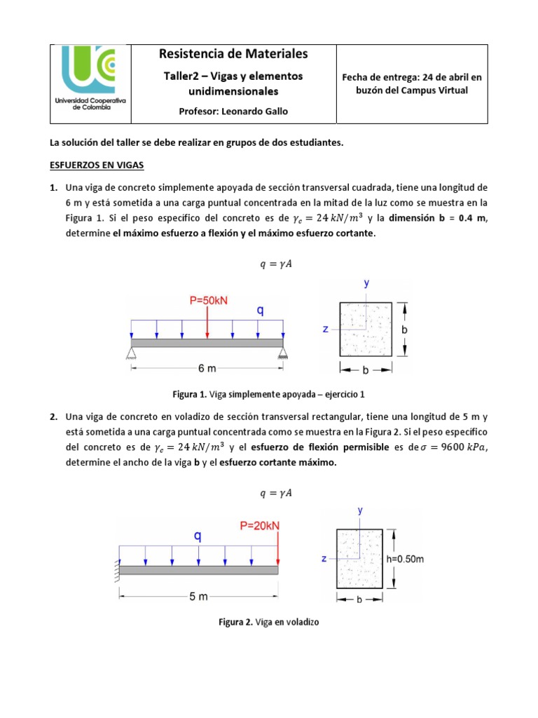 Taller 2 - Vigas y Elementos Unidimensionales | PDF | Resistencia de materiales | Doblar