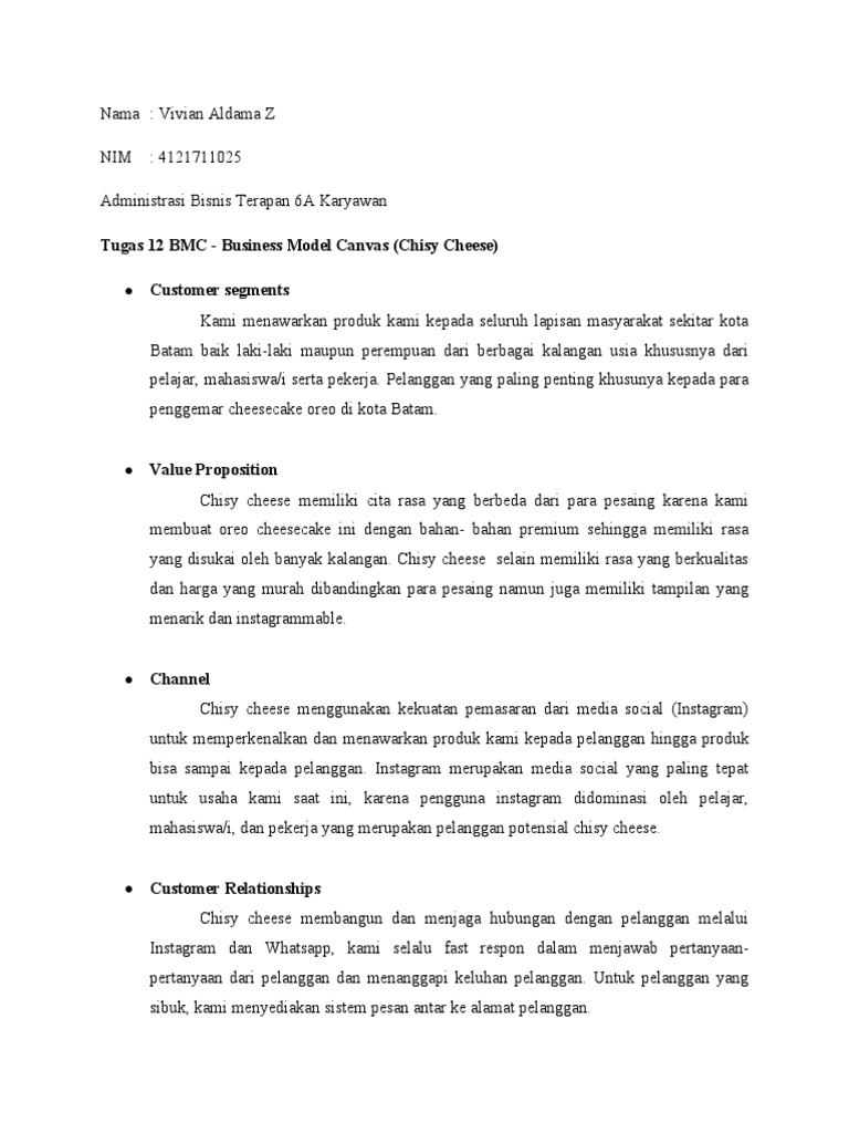 Vivian Aldama Z-4121711025-Tugas 12 Business Model Canvas | PDF