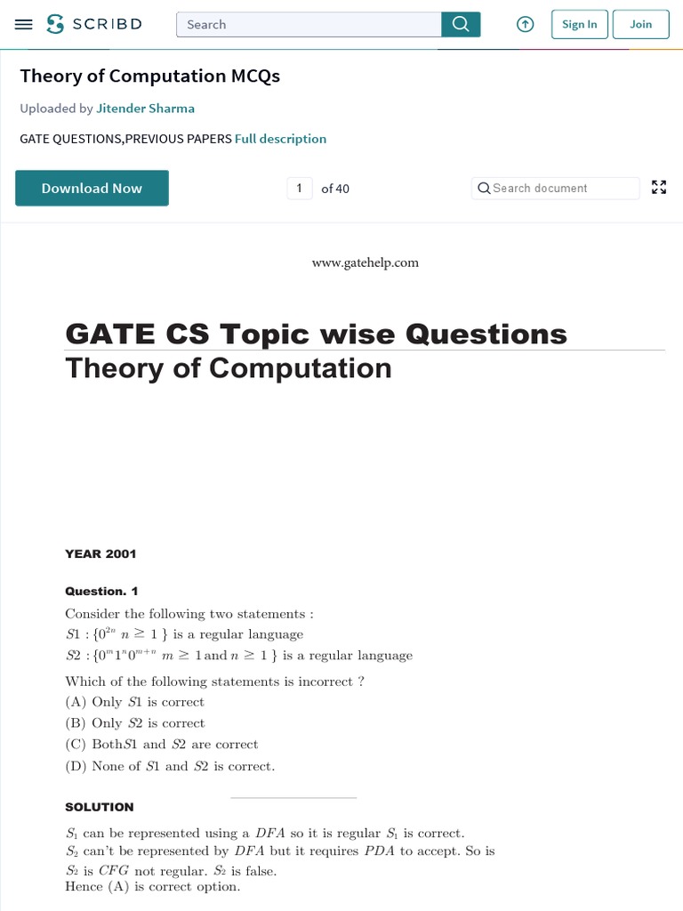 Theory Of Computation Mcqs Pdf Models Of Computation Cognitive Science