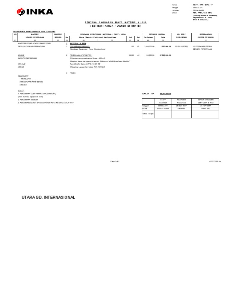 RAB Waterproofing Atap Gedung Serbaguna | PDF