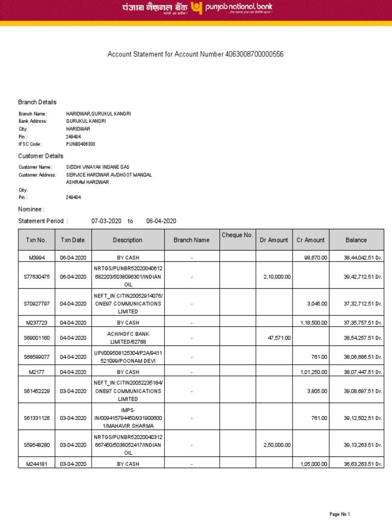 Account Statement For Account Number 4063008700000556: Branch Details ...