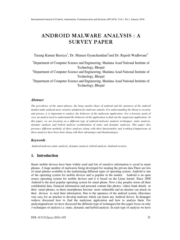 Android Malware Analysis A Survey Paper PDF | PDF | Malware | Android (Operating System)