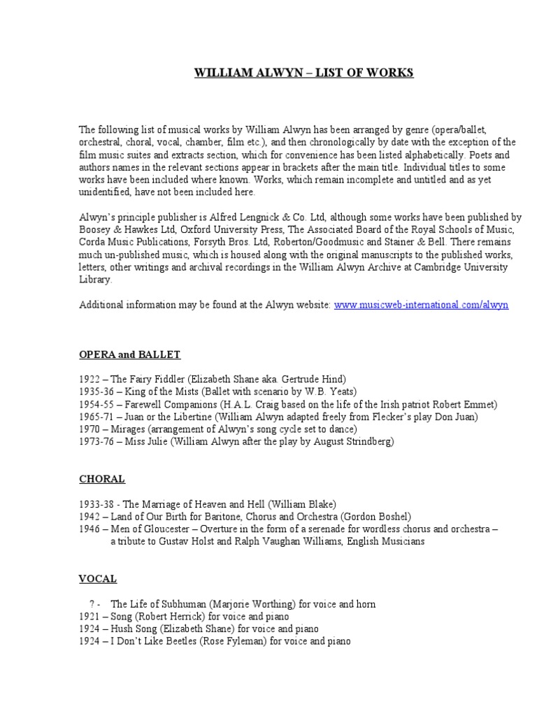 William Alwyn - List of Works: Opera and Ballet | PDF | Quartet ...