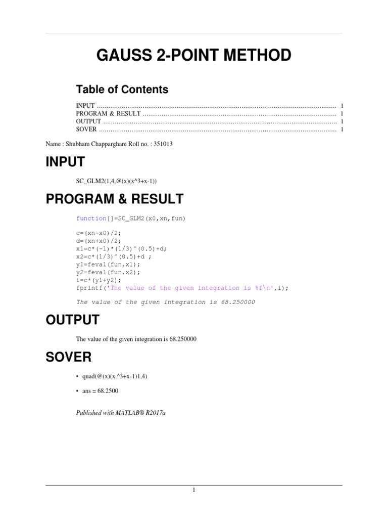 Gauss 2-Point Method: Input Program & Result | PDF