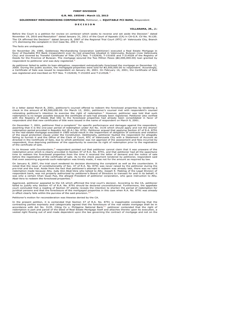 Goldenway Merchandising vs. Equitable PCI Bank, G.R. No. 195540, March ...