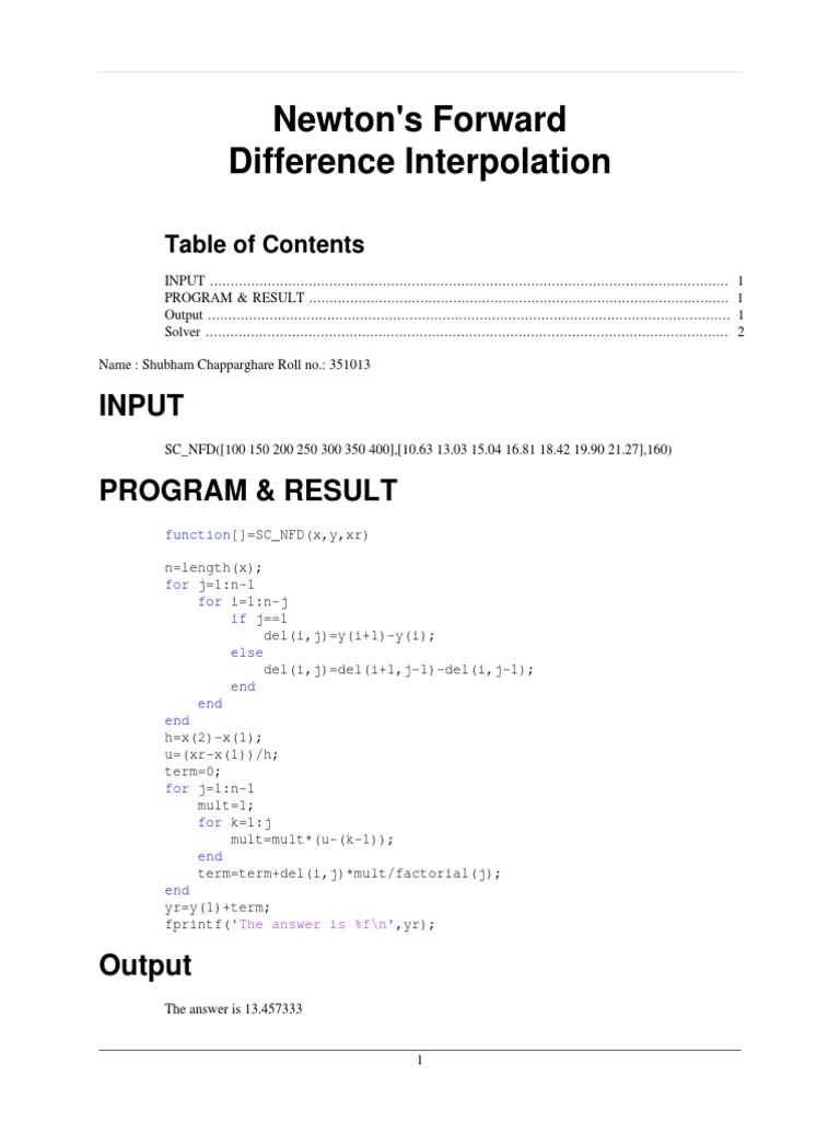 Newton's Forward Difference Interpolation: Input | PDF