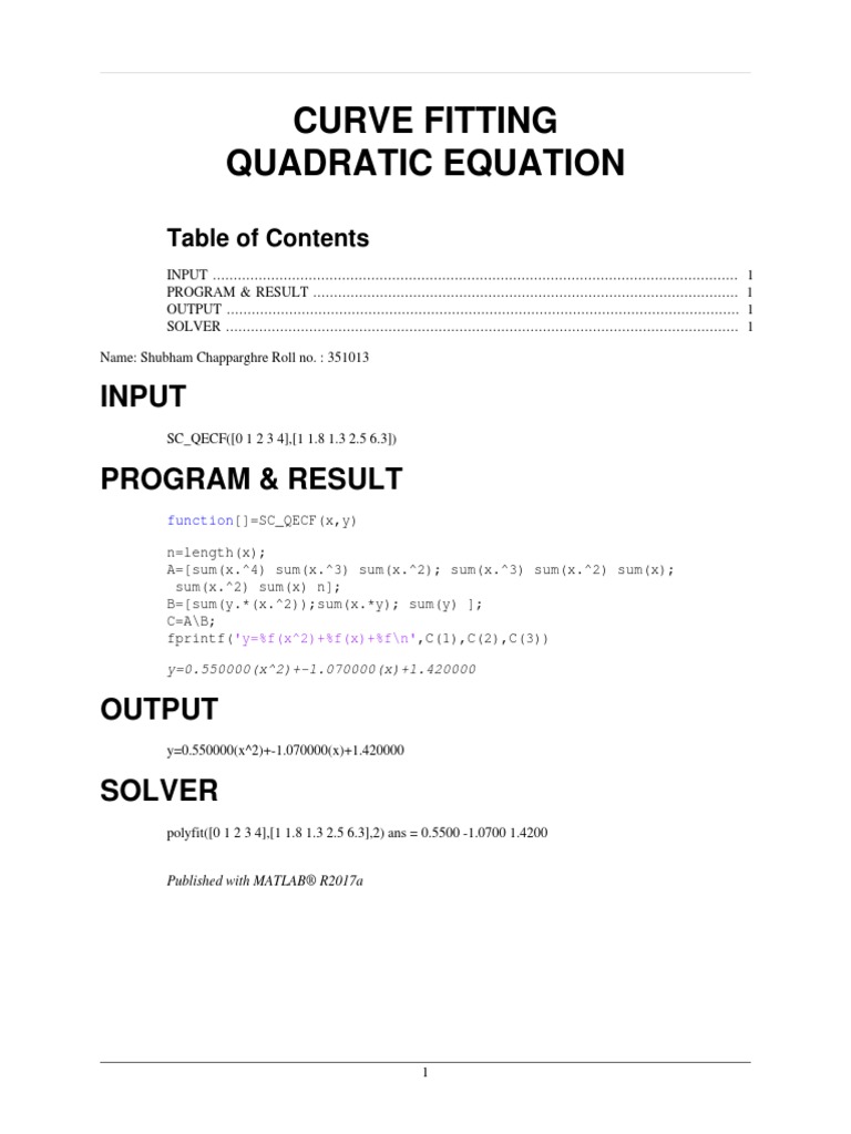 Curve Fitting Quadratic Equation: Input Program & Result | PDF