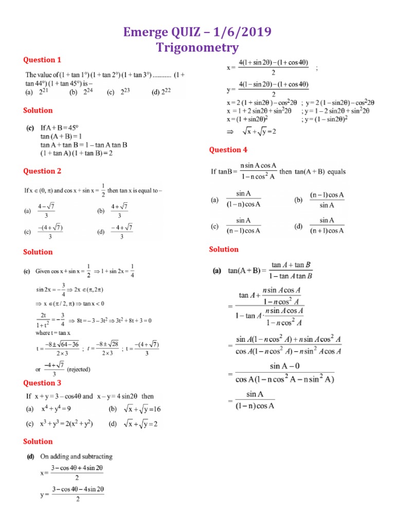 Trigonometry Quiz Solutions 2019 | PDF | Lifestyle