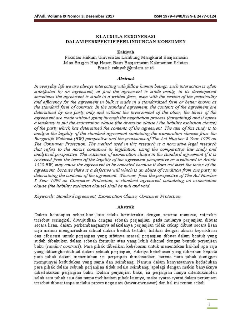 Klausula Eksonerasi Dalam Perspektif Perlindungan Konsumen Zakiyah ...