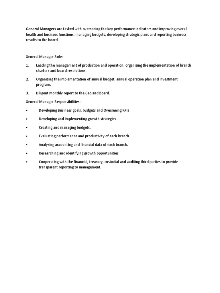 General Manager Duties & Responsibilities | PDF