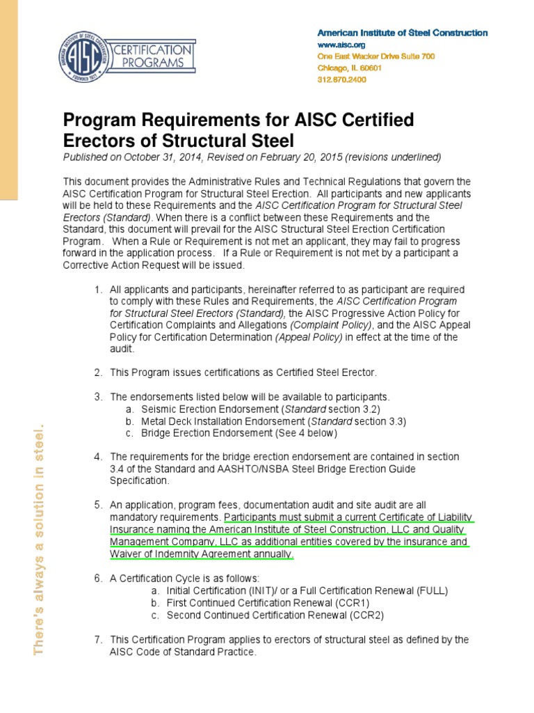Program Requirements For Aisc Certified Erectors of Structural Steel ...