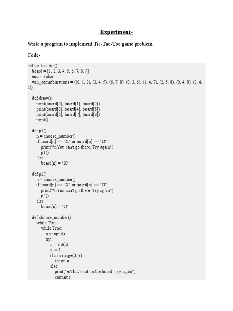 Experiment-: Write A Program To Implement Tic-Tac-Toe Game Problem Code ...