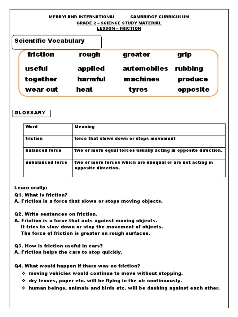 Friction Study Material for Grade 2 | PDF | Friction | Tire