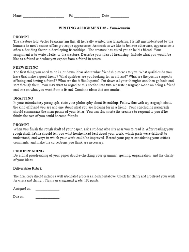 WRITING ASSIGNMENT #3 - Frankenstein Prompt: Deliverables Rubric | PDF ...