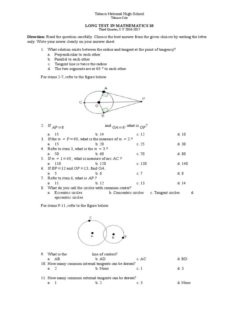 Long Test in Mathematics 10 Direction: Read The Question Carefully ...