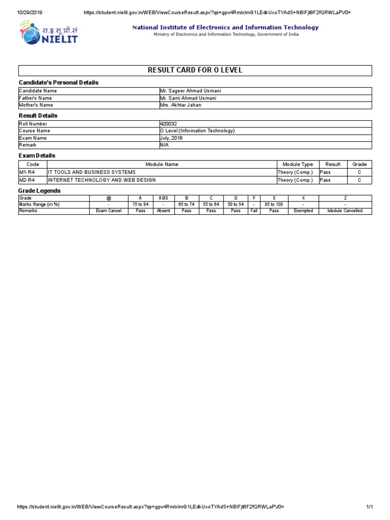 Result Card For O Level: Candidate's Personal Details | PDF