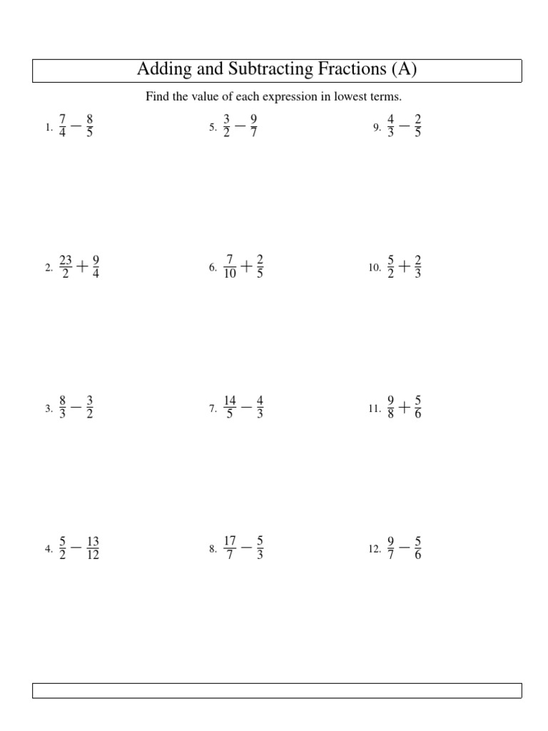 Adding and Subtracting Fractions Exercises | PDF | Fraction ...